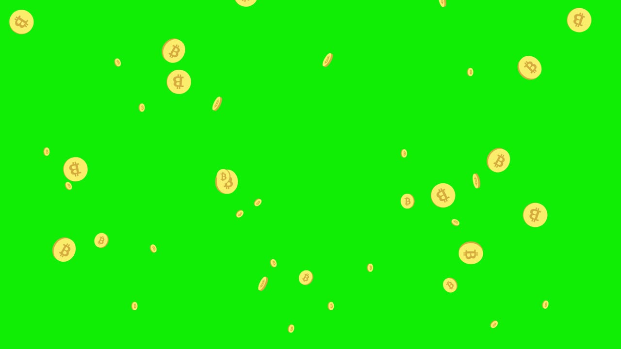 Golden shower of bitcoins, green screen, wealth, cryptocurrency, mining ...