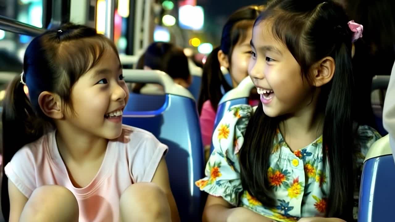 Happy children on a night bus ride Premium Stock Video Footage