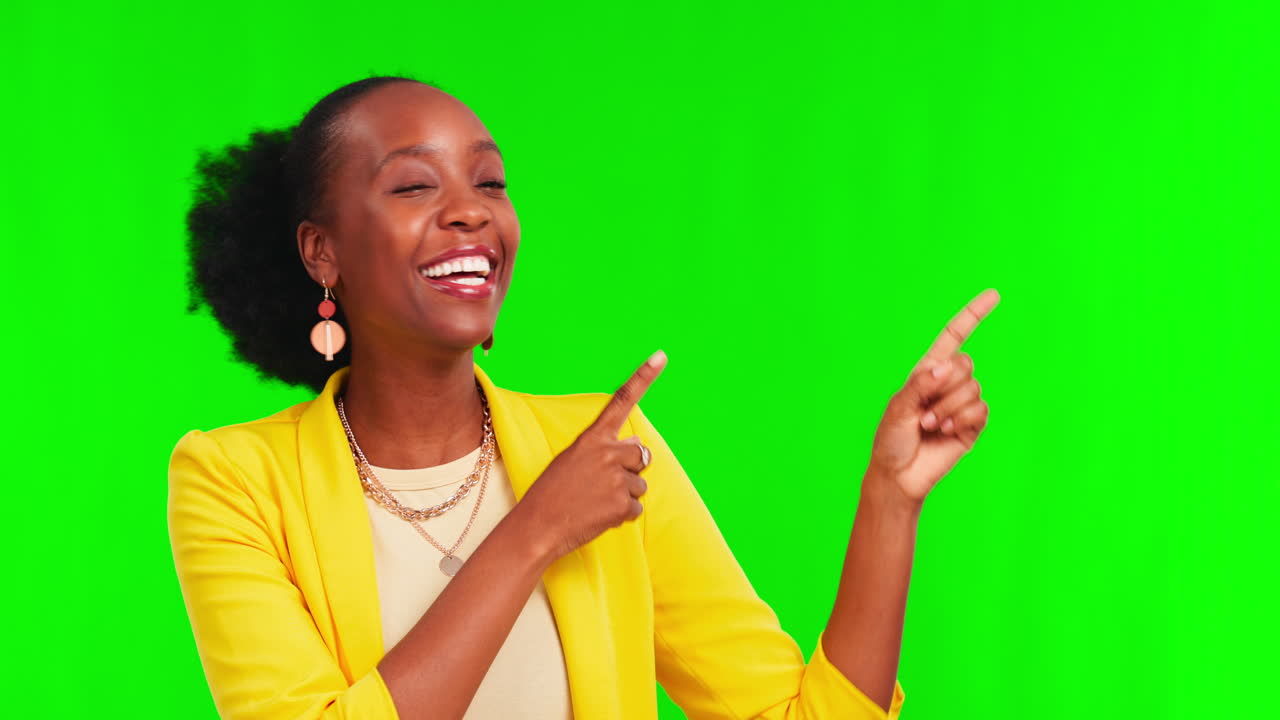 Premium stock video - Green screen, face and woman pointing to mockup