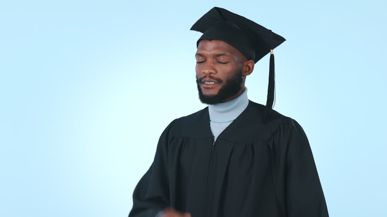 Premium stock video - Robe, graduate and black man with stress
