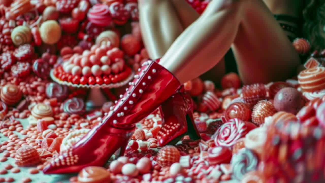Premium stock video - High heel shoes made with sweets and candies with ...
