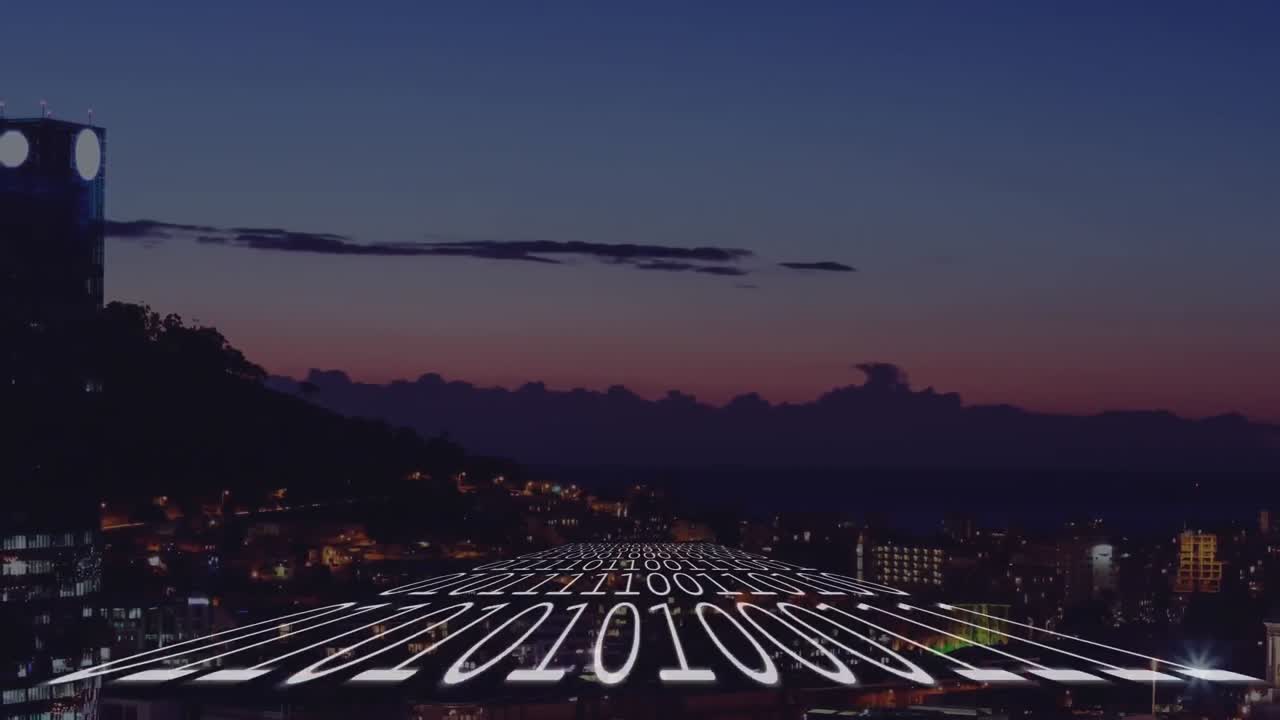 Premium stock video - Animation of binary coding over cityscape