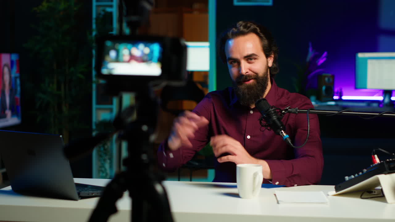 Premium stock video - Influencer entering home studio, doing live broadcast