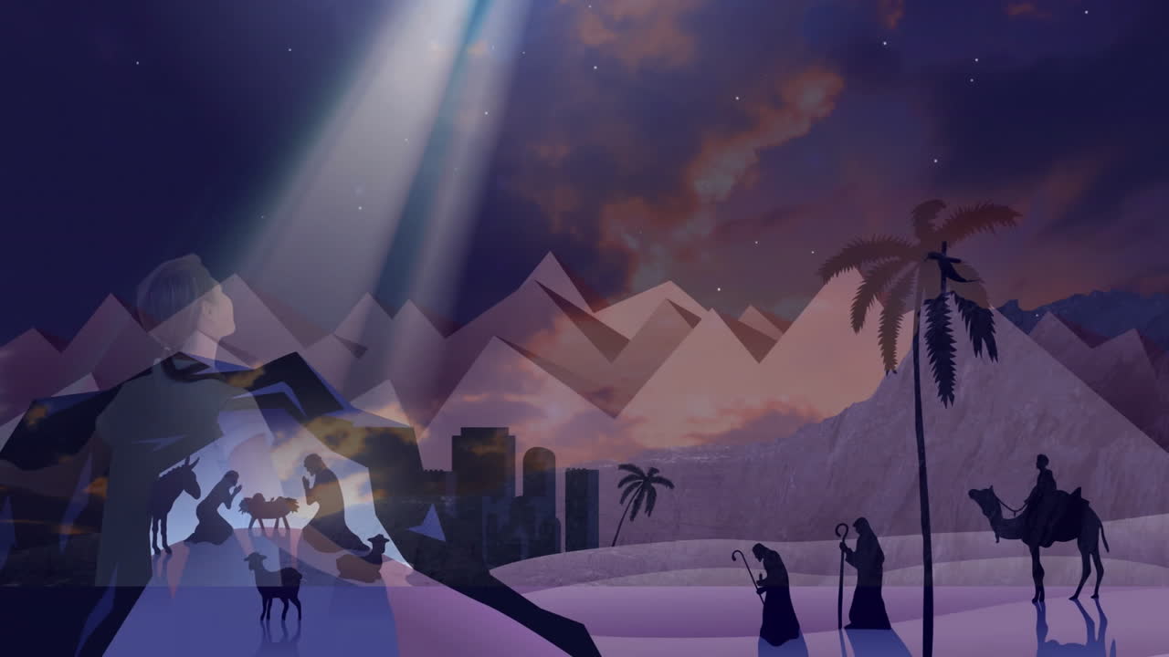 Animation of silhouettes in desert landscape under starry sky with ...