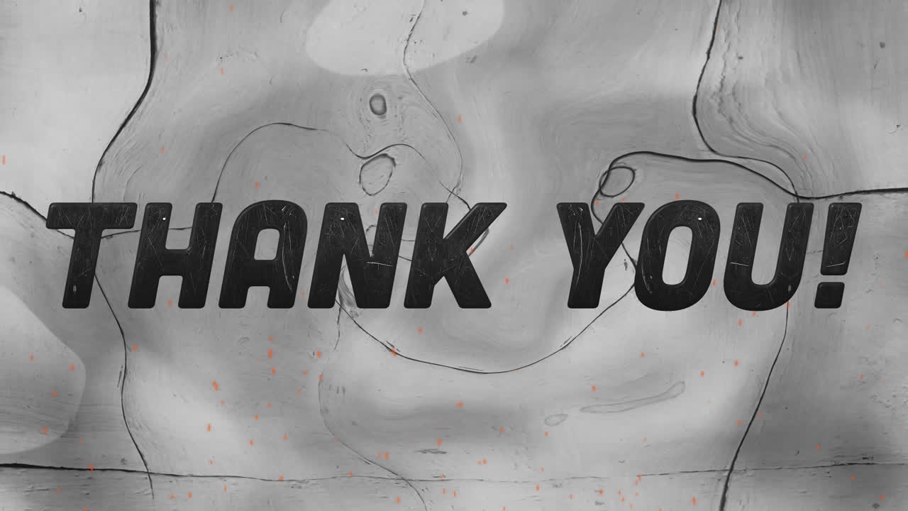 Animation of thank you text in black over grey liquid background ...