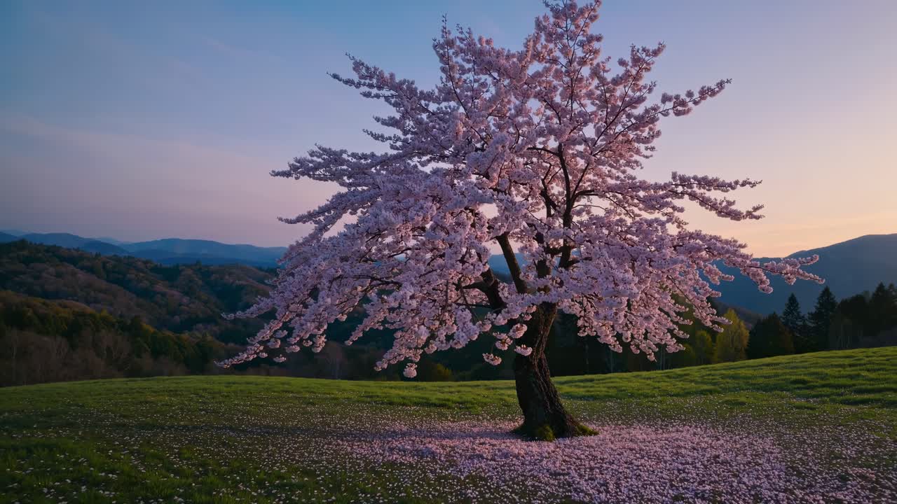A serene landscape video captures a lone cherry blossom tree in full ...