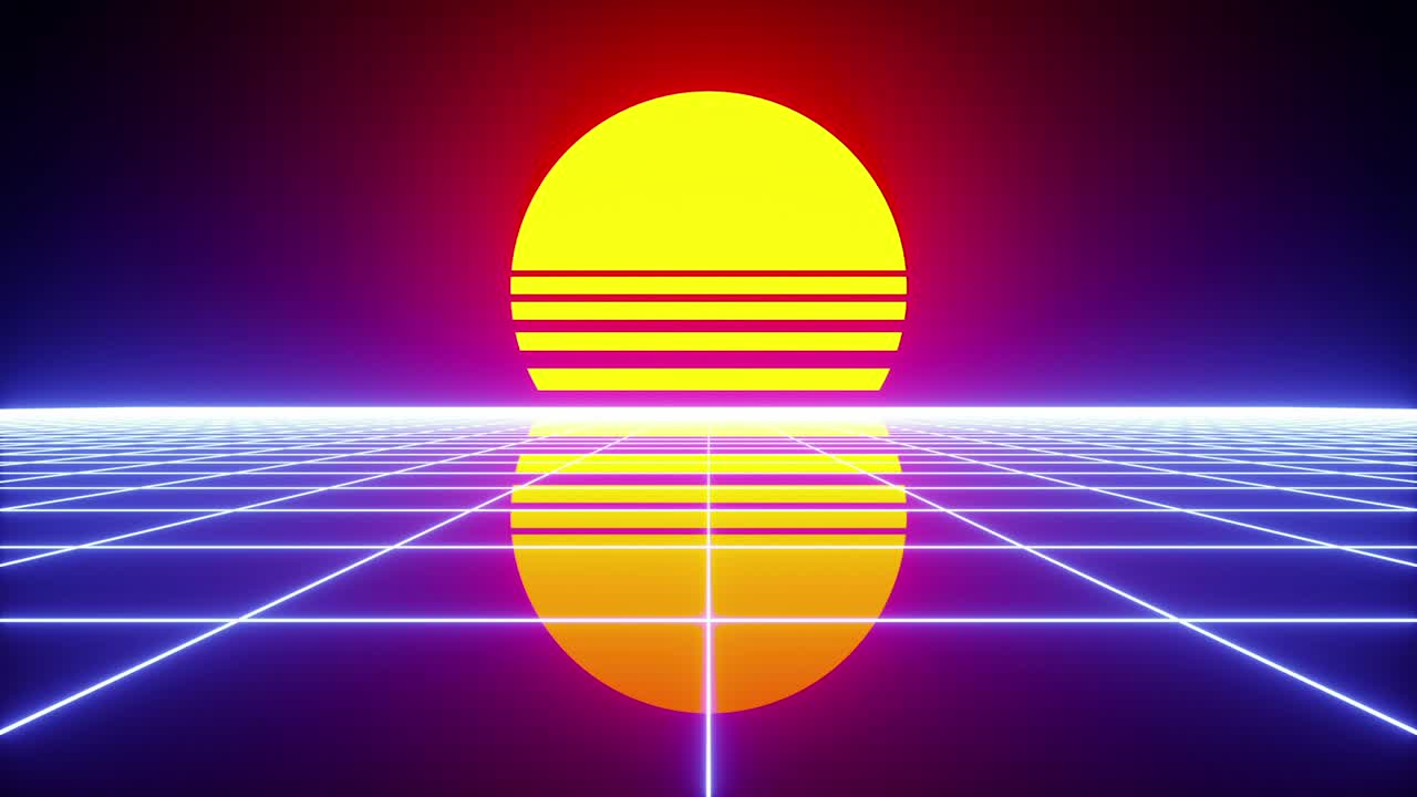 Retro, synthwave-style scene with a large, bright yellow sun or moon ...