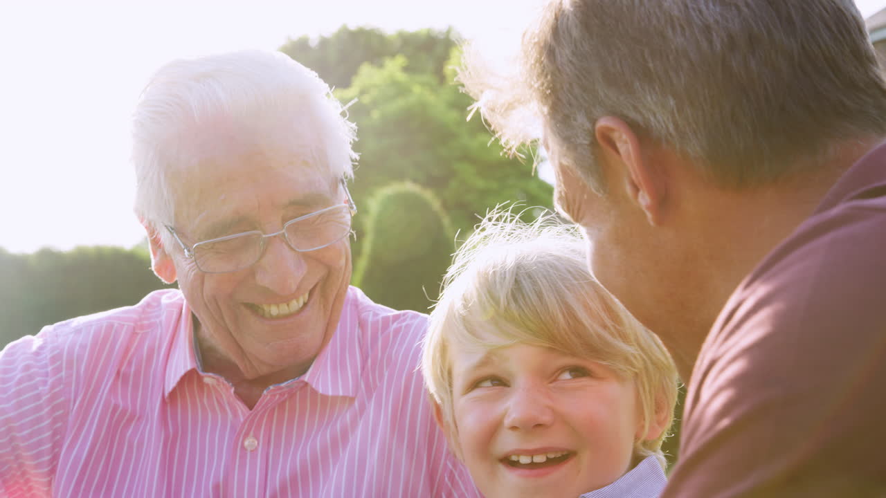 Premium stock video - Three male generations of a family talking in the ...