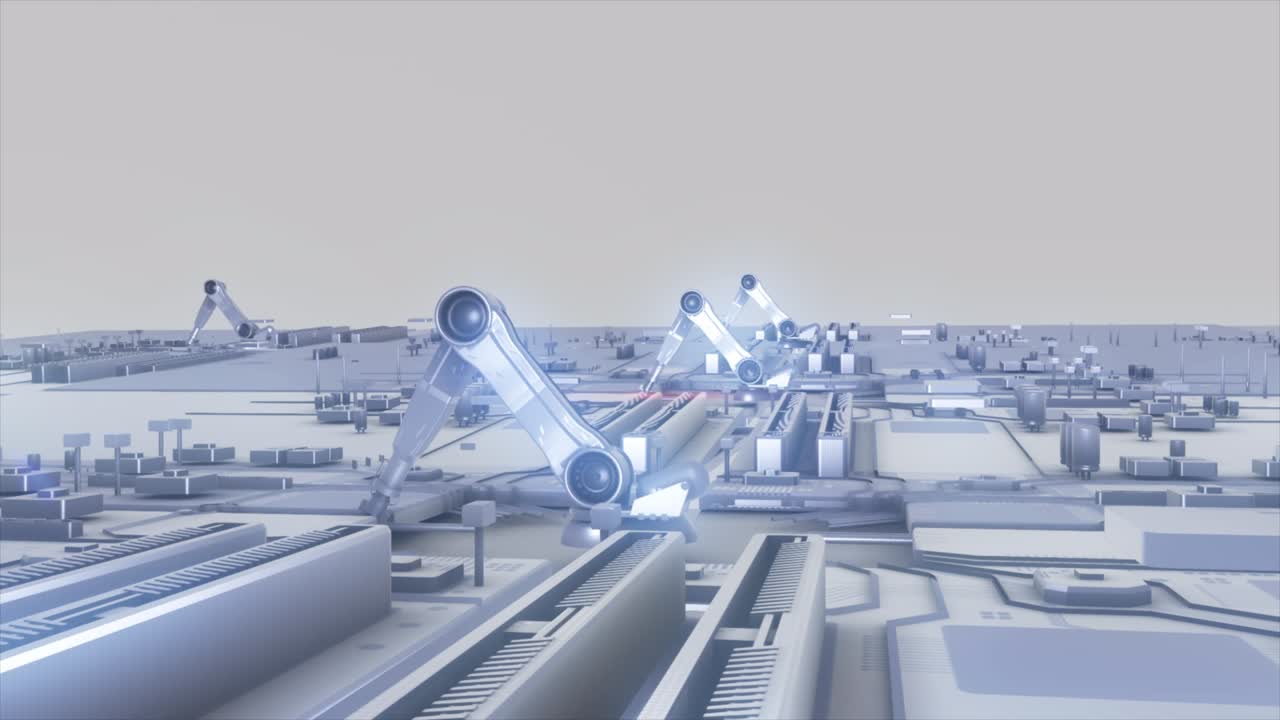 프리미엄 스톡 영상 컨베이어 벨트에 많은 로 팔 현대 첨단 자동화 프로세스 루프 3d 애니메이션 공장에서 3d 렌더링 로 팔