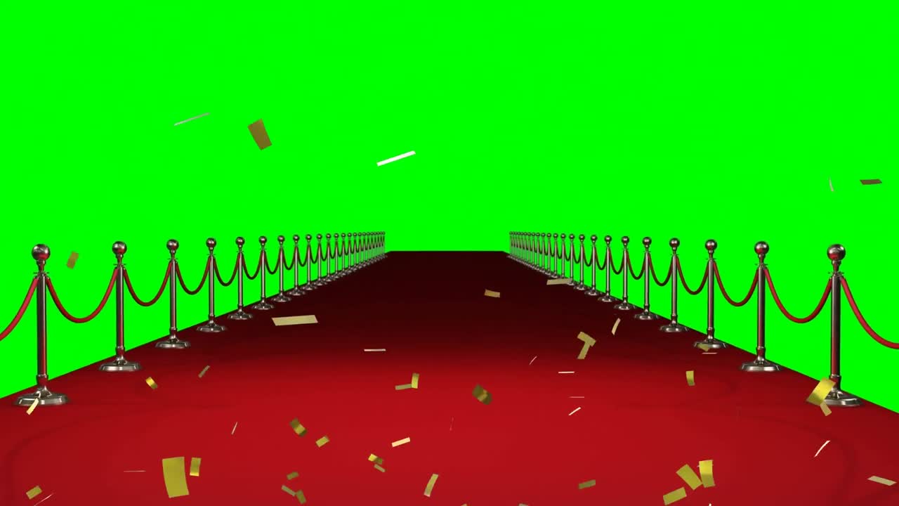 Animation Of Gold Confetti Falling Over Red Carpet Venue With Green ...