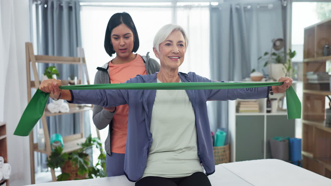 Premium stock video - Physiotherapy, stretching band