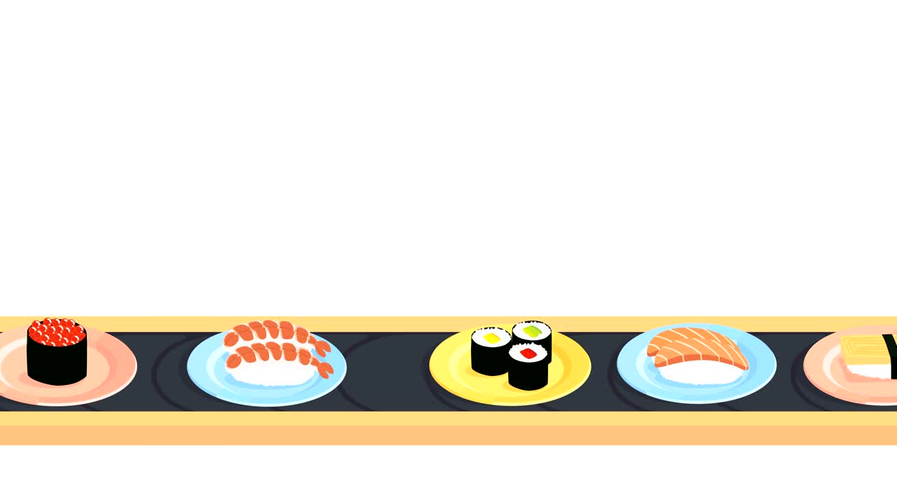 Loopable animation of sushi conveyer belt with a variety of different ...