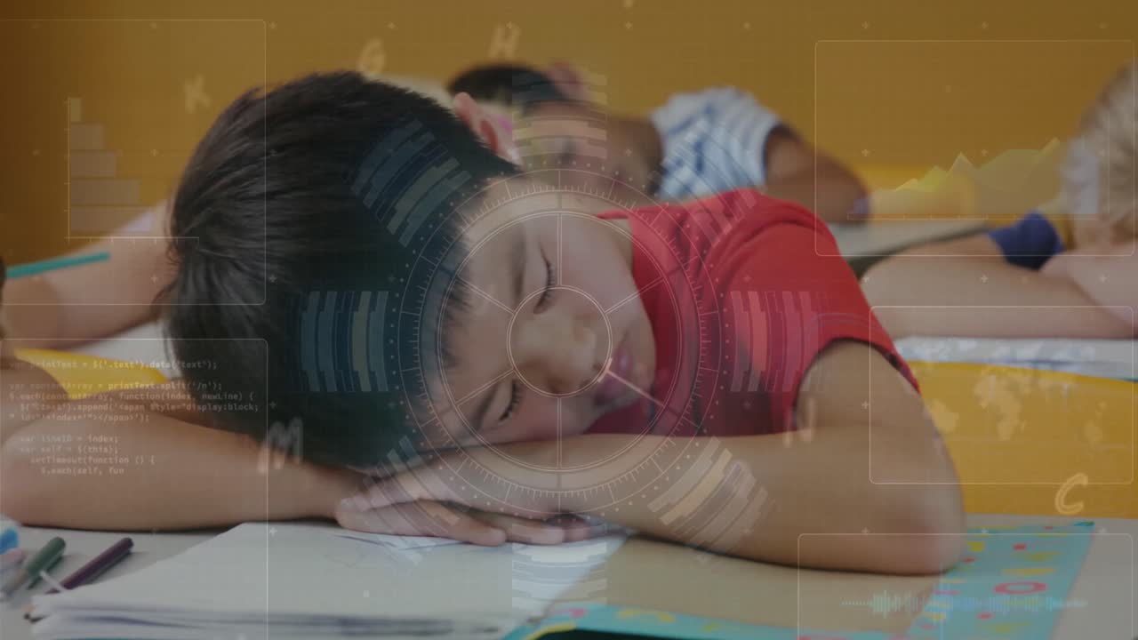 Animation Of Letters And Numbers Over Diverse Schoolchildren Sleeping ...
