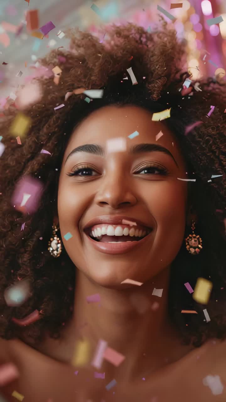 Vertical video: Reacting to drifting confetti woman lifting chin in ...