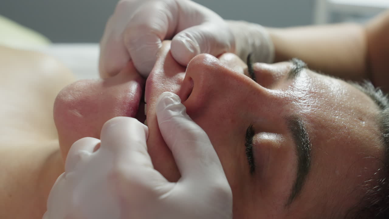 Close up of spa visitor lying on massage table eyes closed lips parted ...
