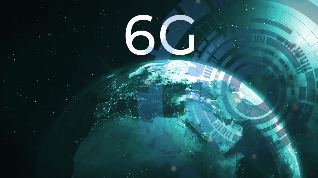 Animation of 6g text, globe and digital data processing over scope ...