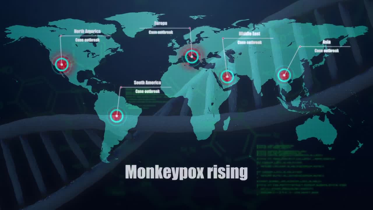 Premium stock video - Animation of monkey pox rising over world map and dna