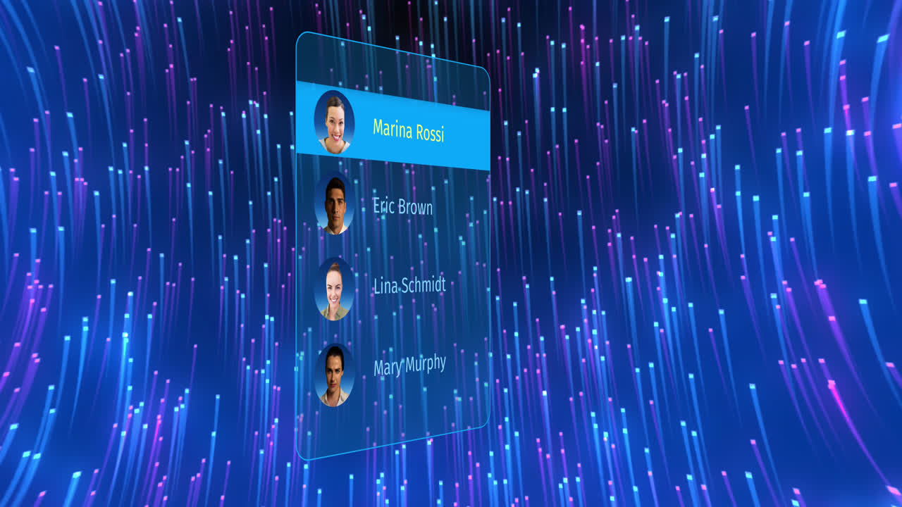 Animation of social media people profiles over light trails on black ...