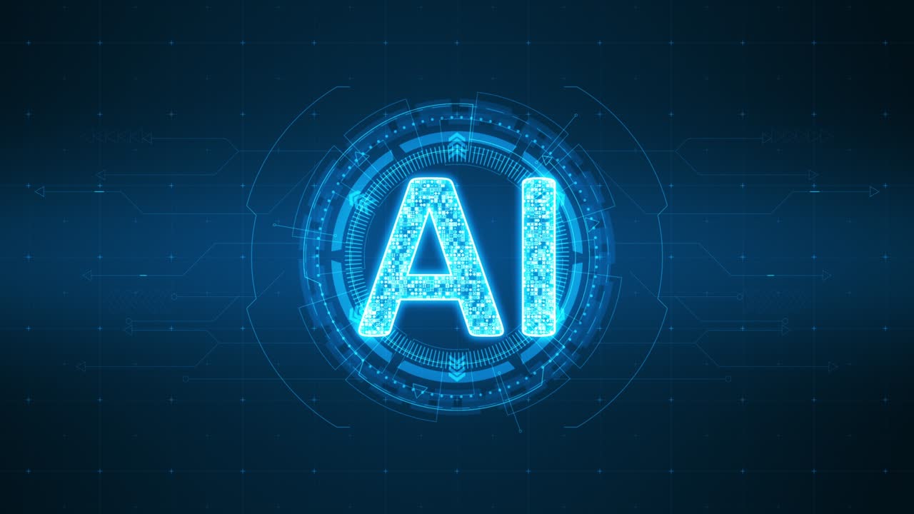 로테이션 Hud 서클 기술 인터페이스와 미래의 요소를 가진 파란 Ai 로고의 모션 그래픽 추상적인 배경 프리미엄 스톡 동영상 자료