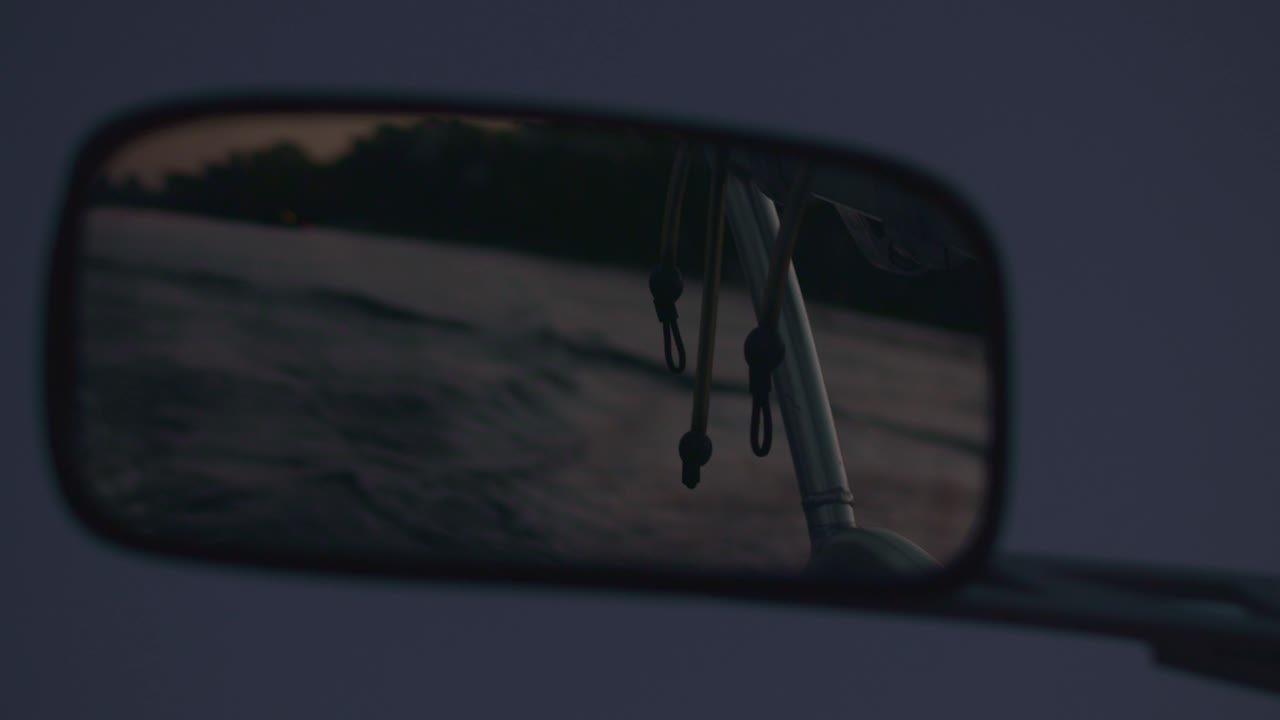 Rear View Mirror Of Motor Boat. Water Trail Behind Of Fast Moving Motor ...
