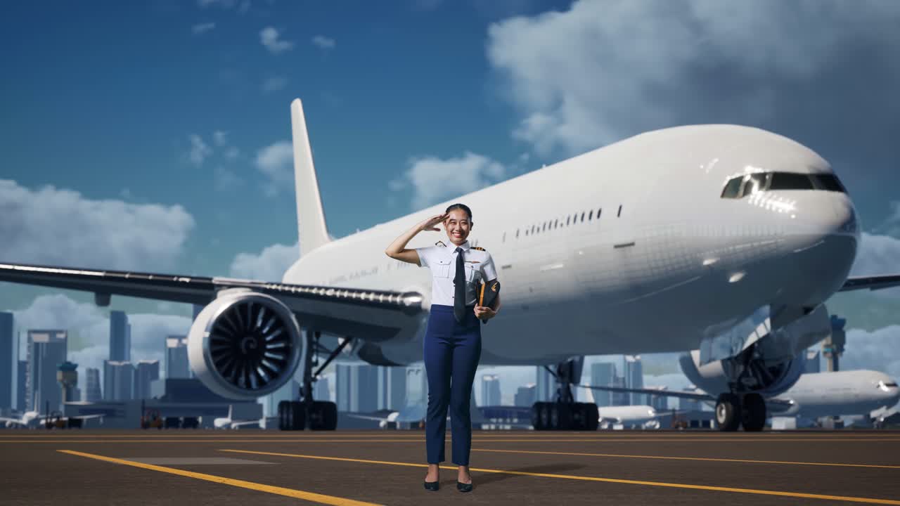 Full Body Of Asian Woman Pilot Is Respectful, Saluting While Standing ...