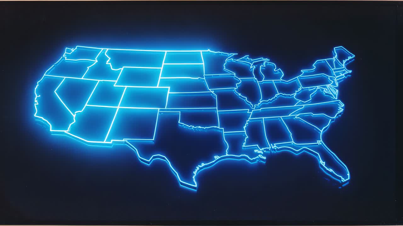 Pulsing neon-blue map highlighting eastern seaboard on dark screen ...