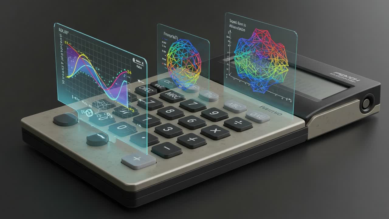 A futuristic calculator displaying advanced mathematical models and ...