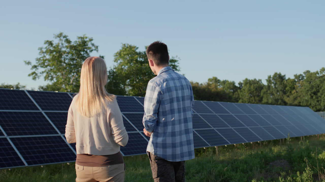 Premium stock video - Two people are talking around solar panels at a ...