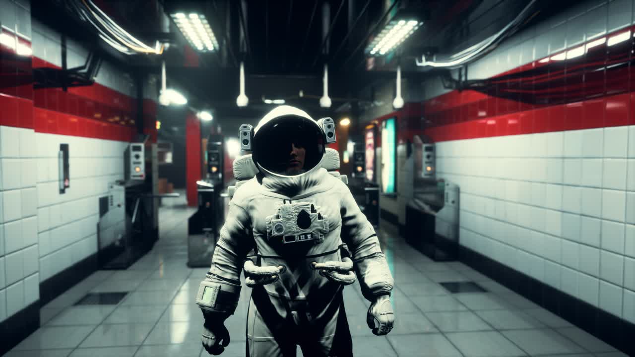 Premium stock video - Astronaut at underground metro subway