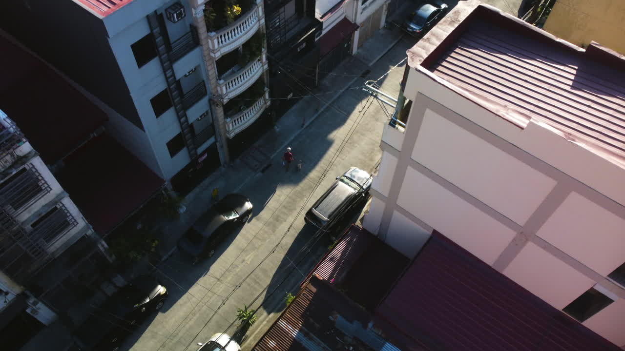 Drone tracking people in the suburbs of makati city, sunny day in ...