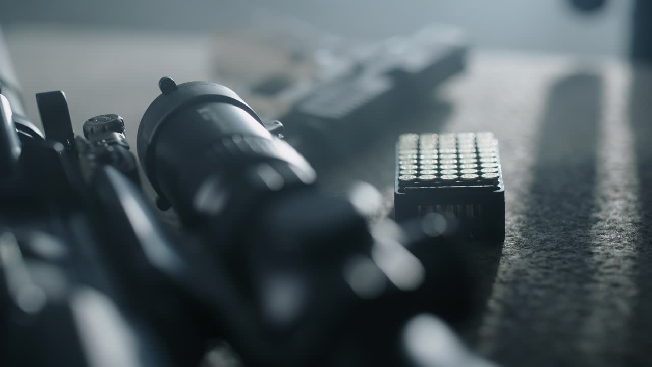 Premium stock video - Woman extracting bullet from pack to load her firearm