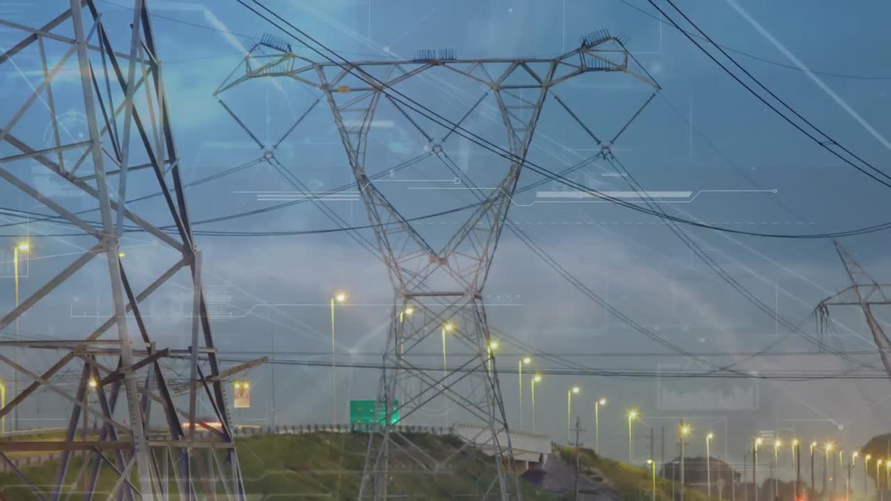 Premium stock video - Animation of data processing over electricity pylons