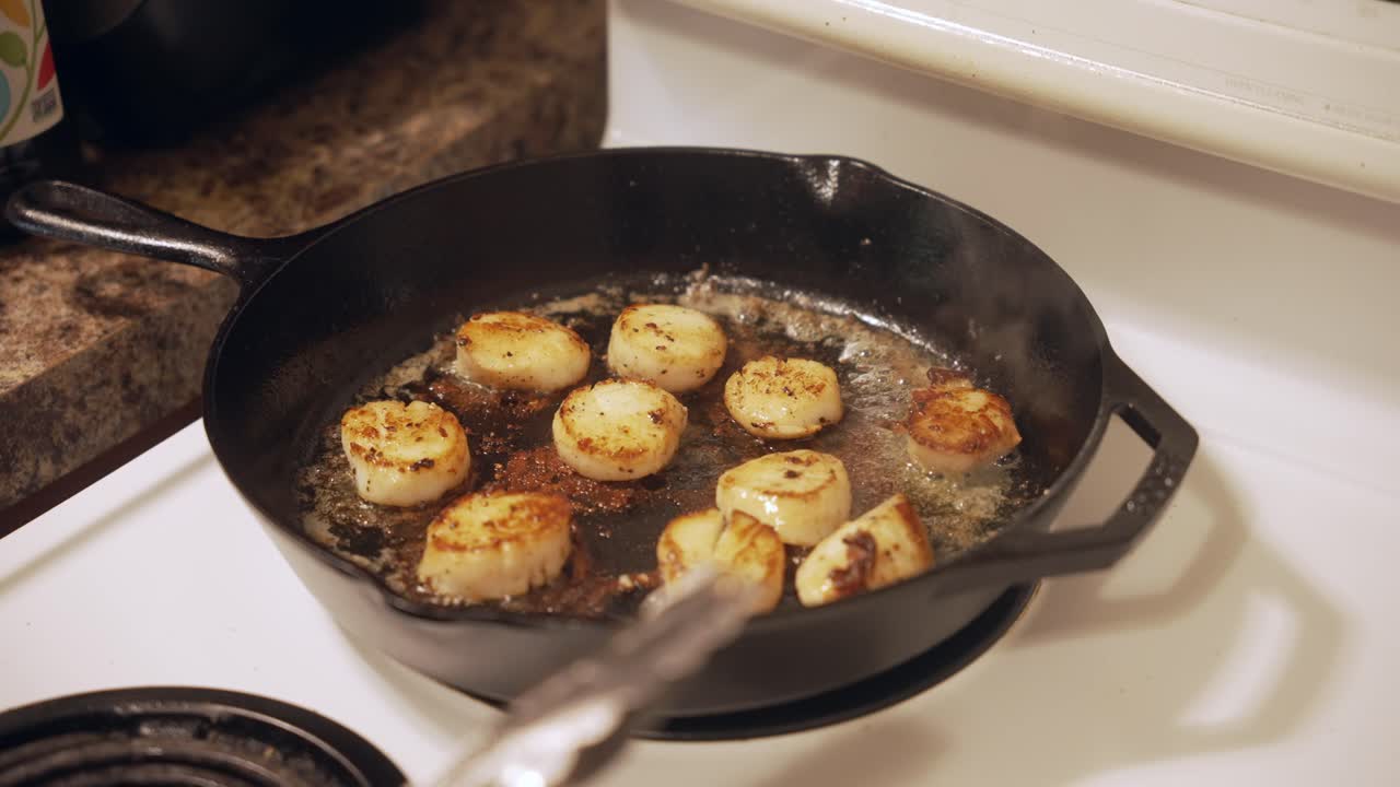 Cooking Scallops On Frying Pan, Seafood Delicacy, Person Holds Inox ...