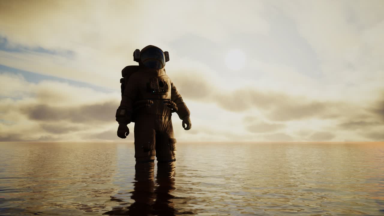 Premium stock video - Spaceman in the sea under clouds at sunset
