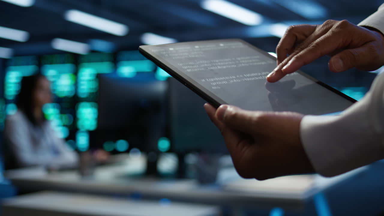 Premium stock video - Programmer using device in data center, close up