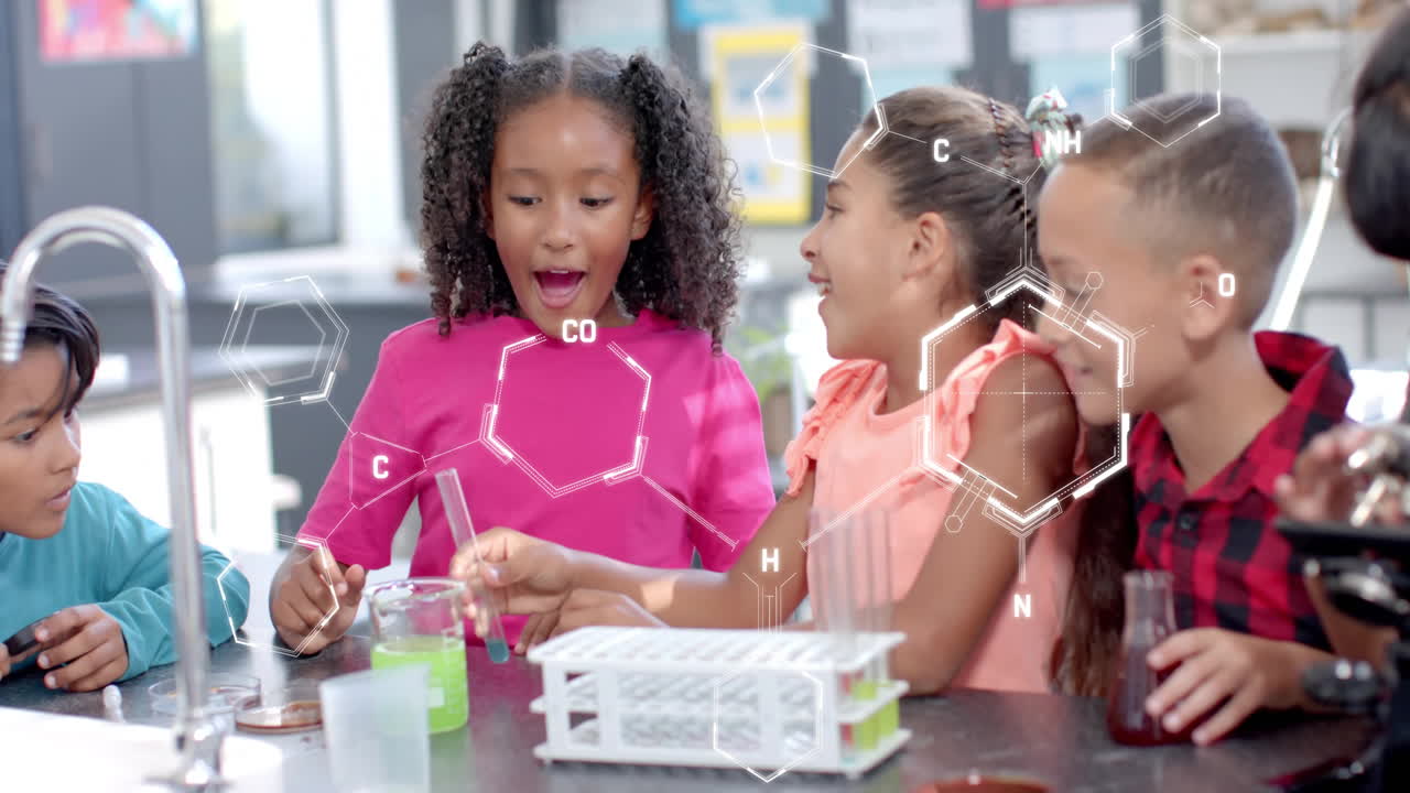 chemical structures and elements over children conducting science experiment in classroom | freepik