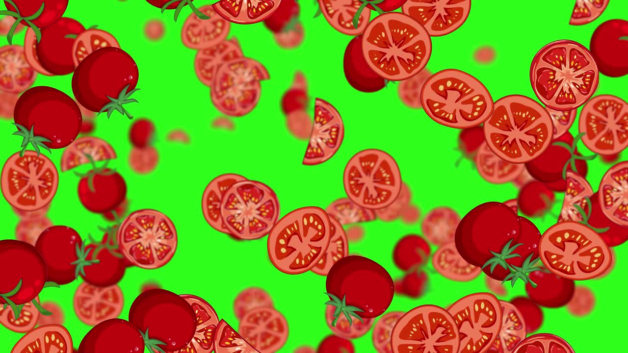 Looping animation of red tomatoes and slices raining downward over ...