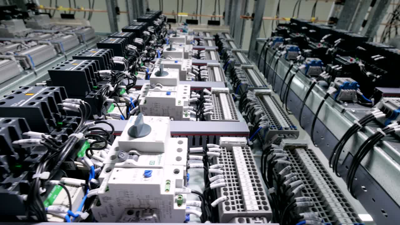 Automatic control system cabinet. Electrical panels, cables, buttons ...