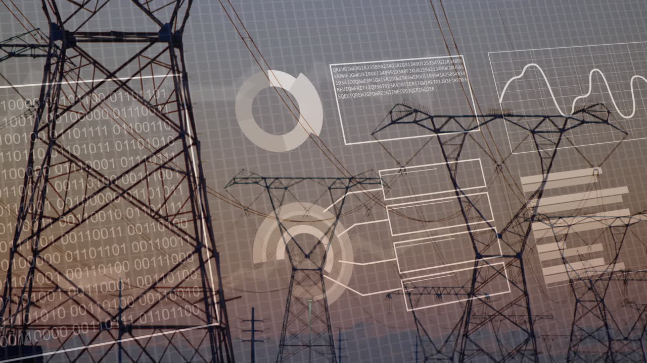 Premium stock video - Animation of data processing over electricity pylons