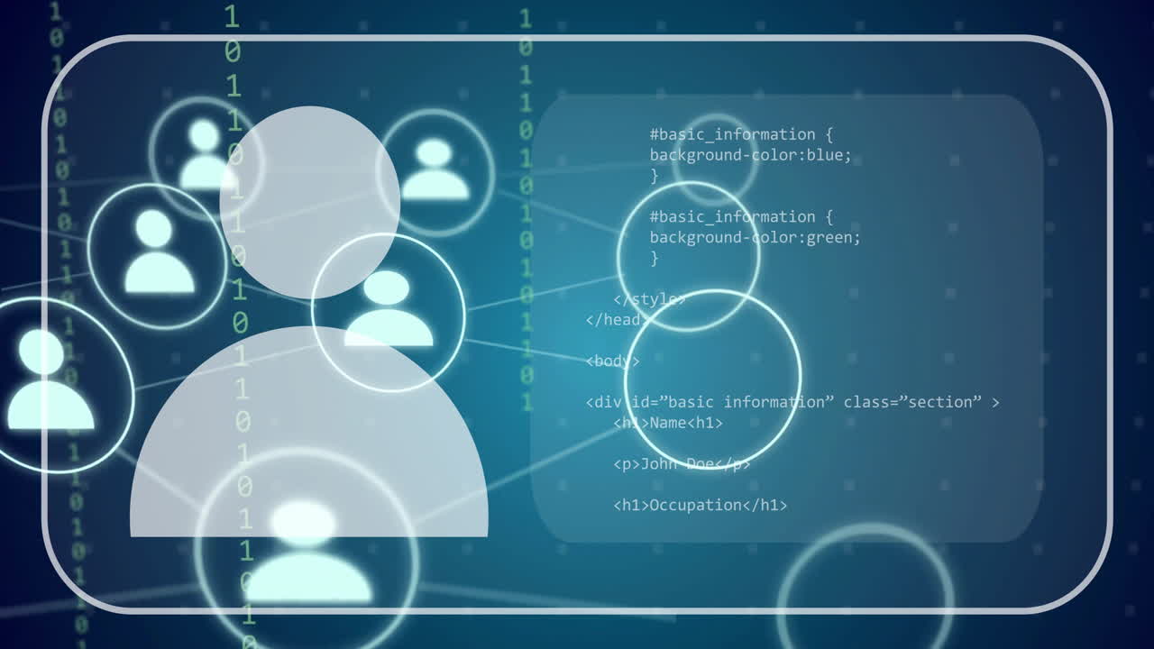 user icons and html code snippets animation over blue digital ...