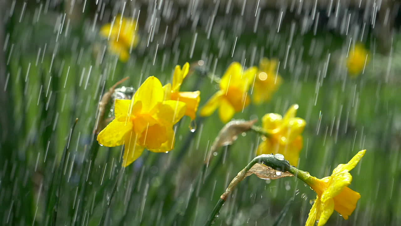 Premium stock video - Bright yellow daffodils in the rain