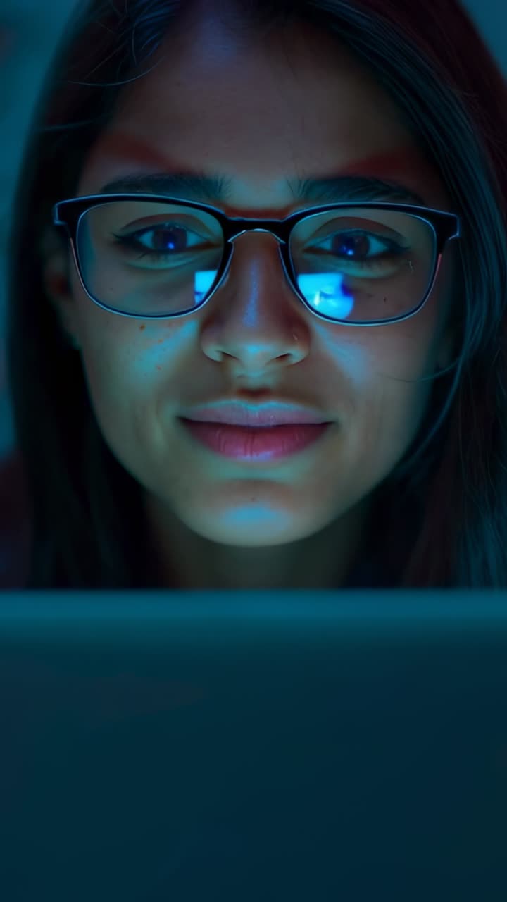 Vertical video: Screen glow drawing woman scanning laptop display in ...