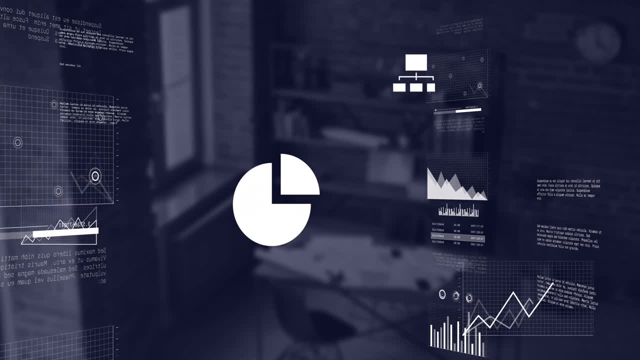 Premium stock video - Animation of screens with statistical data processing against empty office
