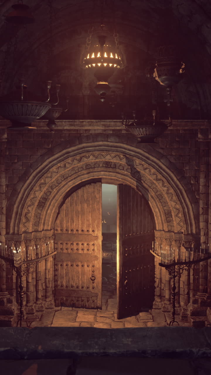 Mysterious ancient hallway with large open doors and dim lighting ...