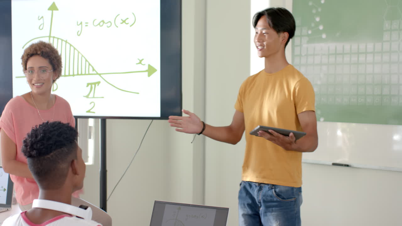 Presenting math project, students using tablet and whiteboard in high ...