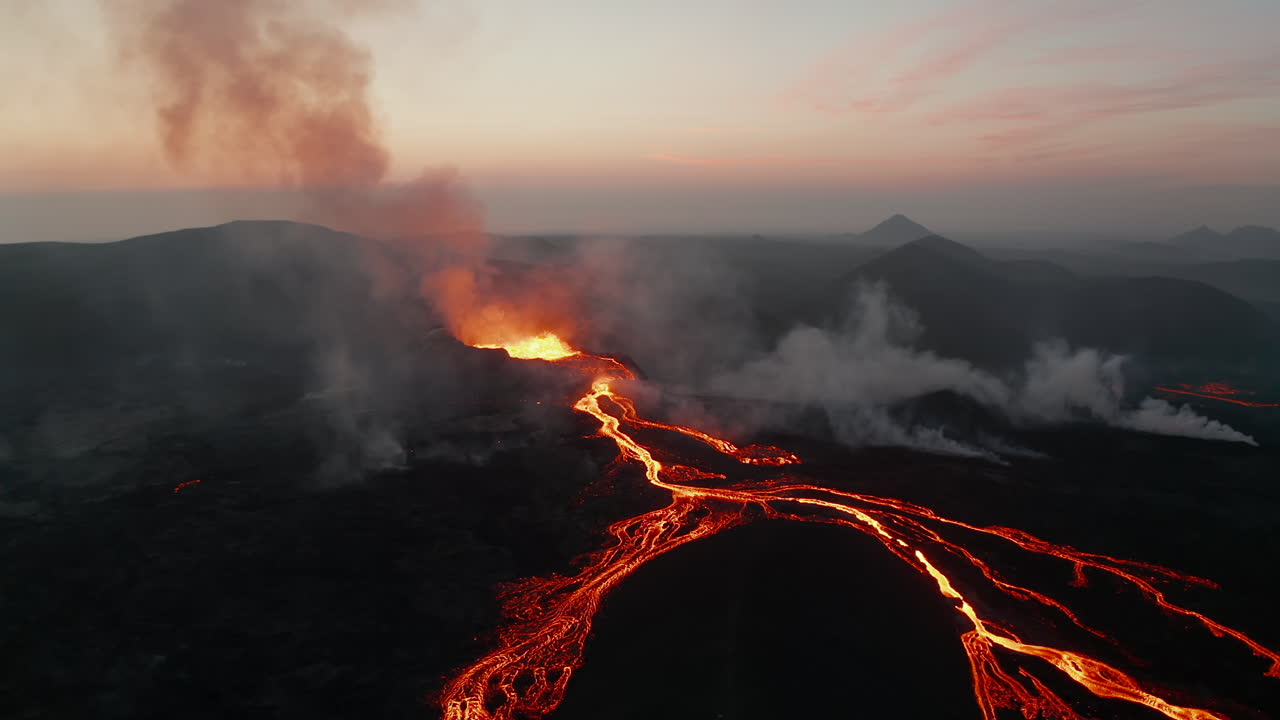 Panorama Curve Shot Of Active Volcano Eruption. Hot Molten Lava Flowing ...