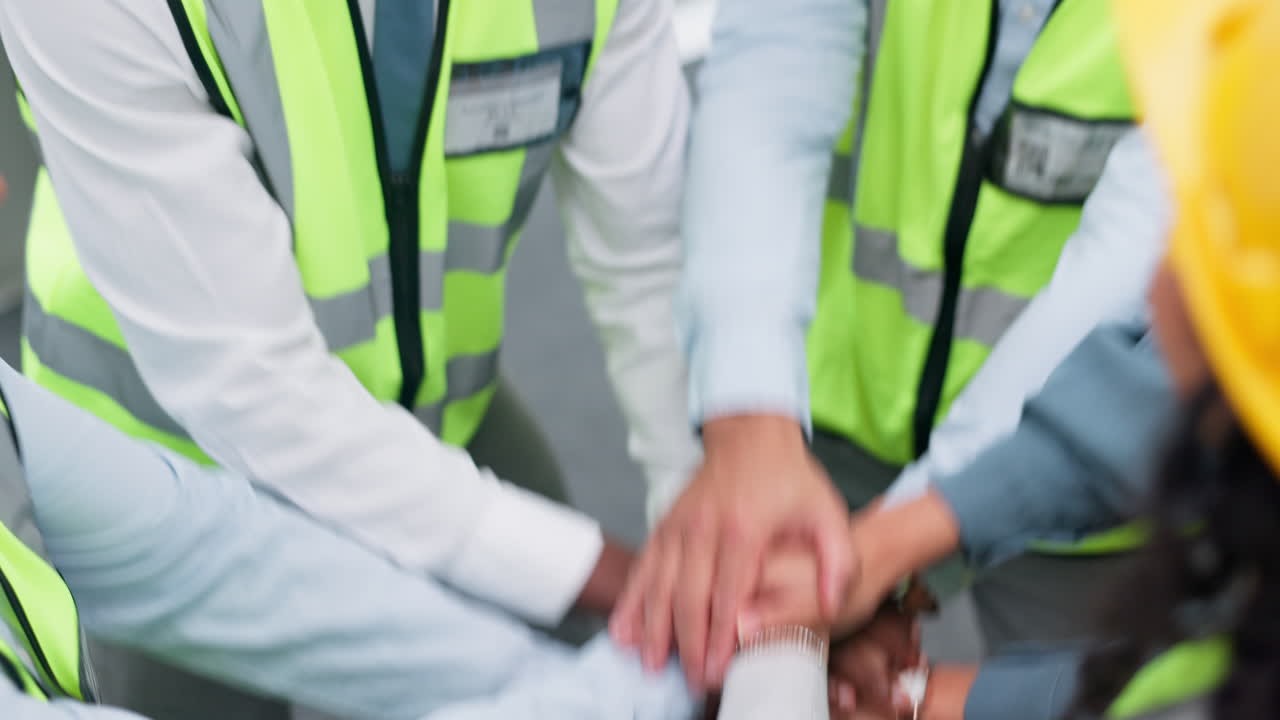 Construction team, hands stack and applause Premium Stock Video Footage