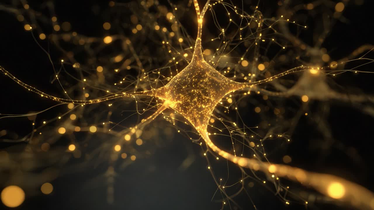 Luminous golden neuron transmitting electrical impulses and signals ...