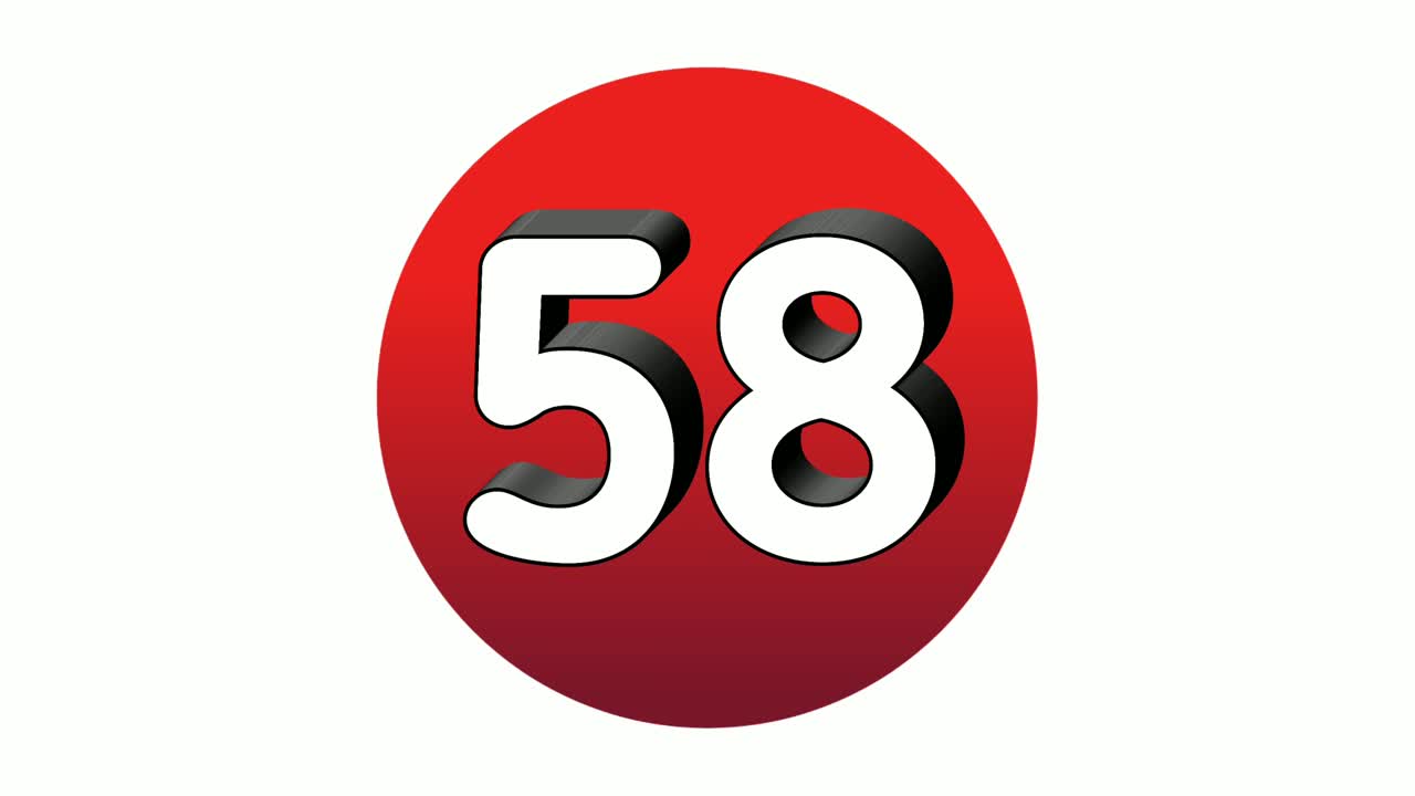 3d number 58 fifty eight sign symbol animation motion graphics icon on red sphere on white ...