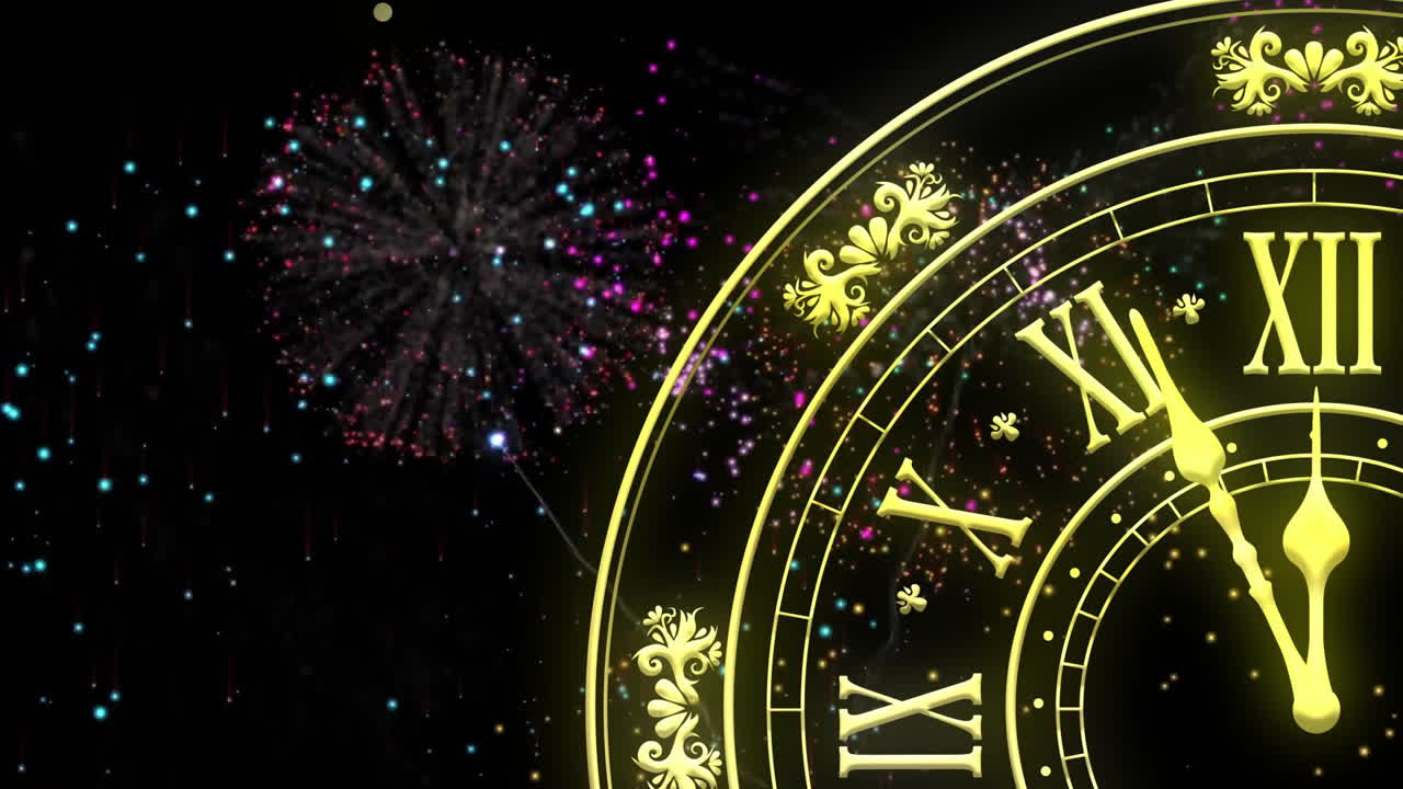 Premium stock video - Animation of clock showing midnight and fireworks ...